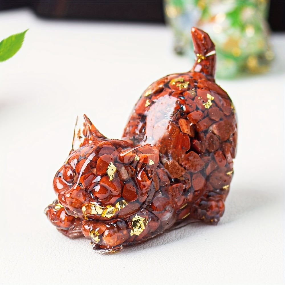 1pc Cat Resin Wrapped Natural Crystal Gemstone Animal Ornament, Tail ...