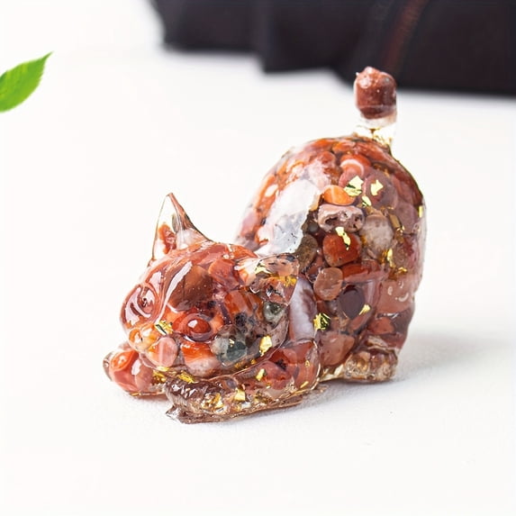 1pc Cat Resin Wrapped Natural Crystal Gemstone Animal Ornament, Tail ...