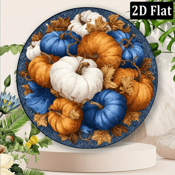 1pc Charming Pumpkin Autumn Leaves Round Metal Wreath Sign Vibrant Fall ...