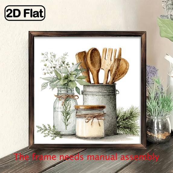 1pc Charming Watercolor Kitchen Utensils Framed Sign 8x8 Inch Rustic ...