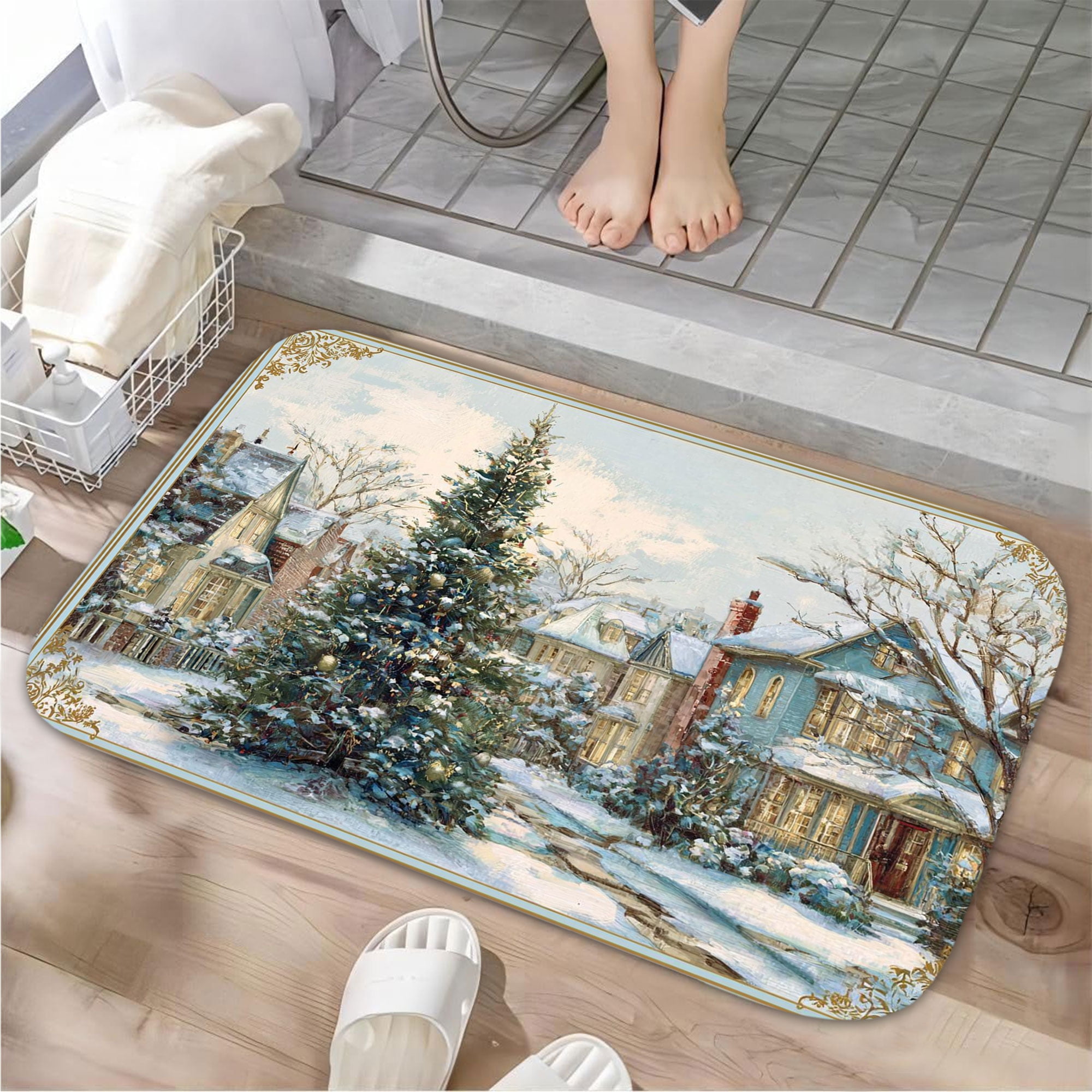 1pc Christmas Scene Absorbent Non-Slip Bathroom Thickened Flannel Rug ...
