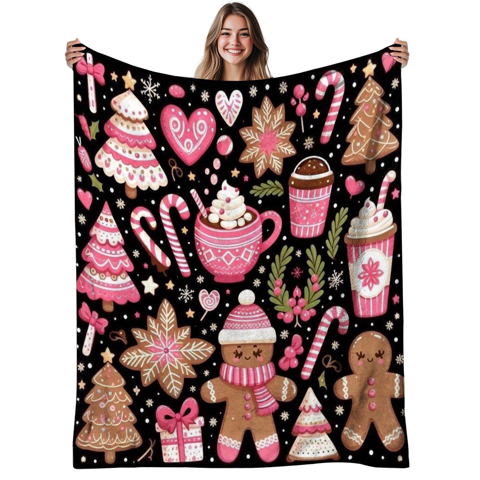 1pc Christmas Sweets Treats Flannel Blanket - Gingerbread Men, Candy ...
