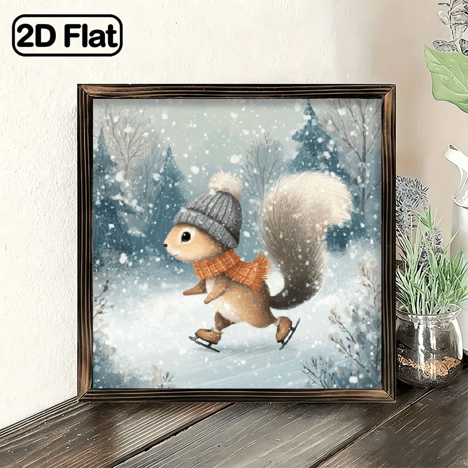 1pc Christmas Winter Wood Frame Sign, Squirrel Ice Skating Scene. 8x8in ...