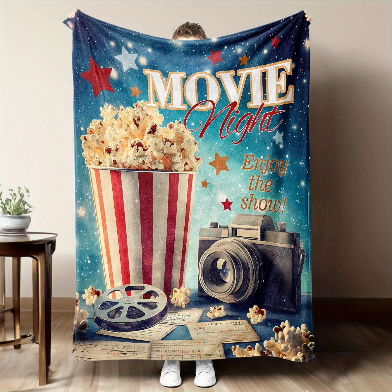 1pc Cinema Night Movie Blanket - Movie Theater Popcorn, Film Camera ...