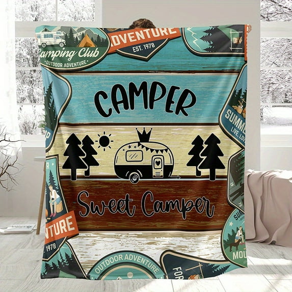 1pc Classic Fashion Blanket, Retro Camping Theme Flannel Blanket, Soft ...