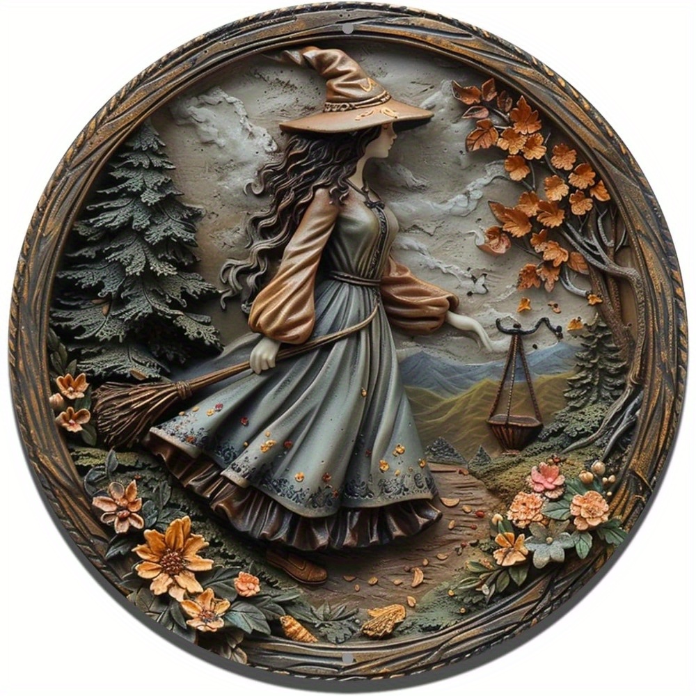 1pc, Classic Witch And Broom Design Aluminum Sign, 8x8 Inch Round ...