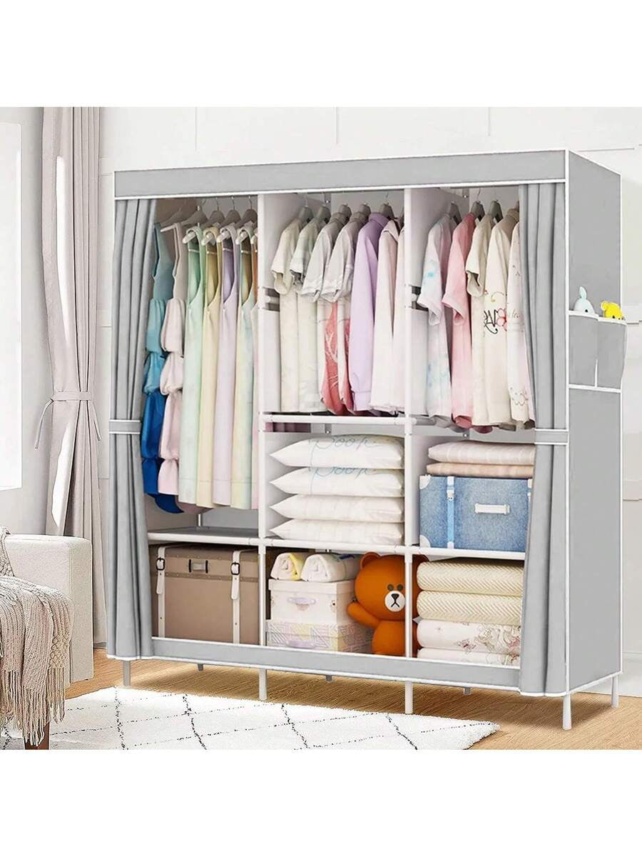 1pc Clothes Storage Wardrobe (With Curtains) - Metal Organizer, Easy ...