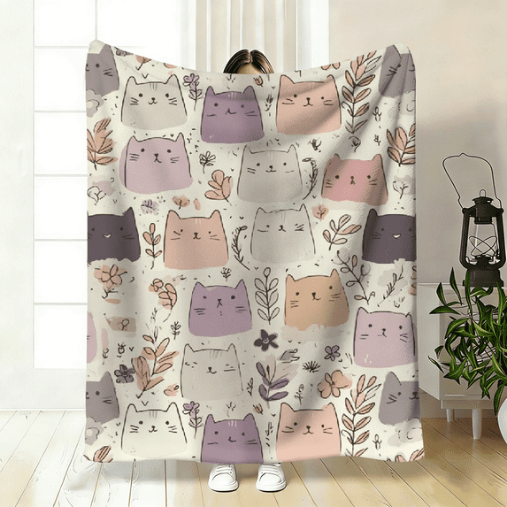 1pc Colorful Cute Cat Printed Fleece Throw Cozy Soft Plush Warm Sofa ...