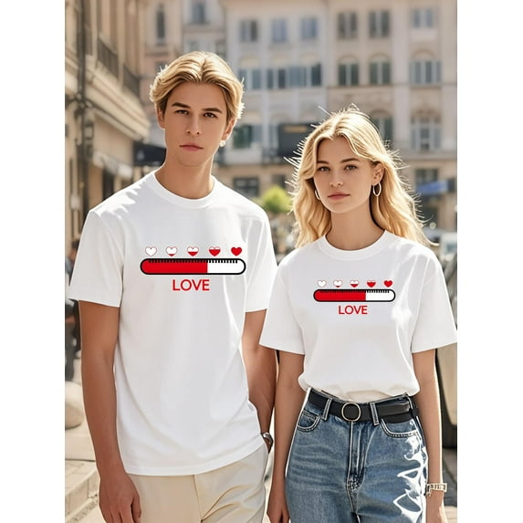 1pc Couple'S Cartoon Heart Thermometer Print Casual Round Neck Short ...