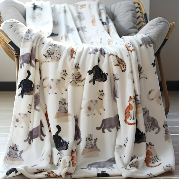 1pc Cozy Cartoon Cat Print Flannel Fleece Blanket | All Season ...