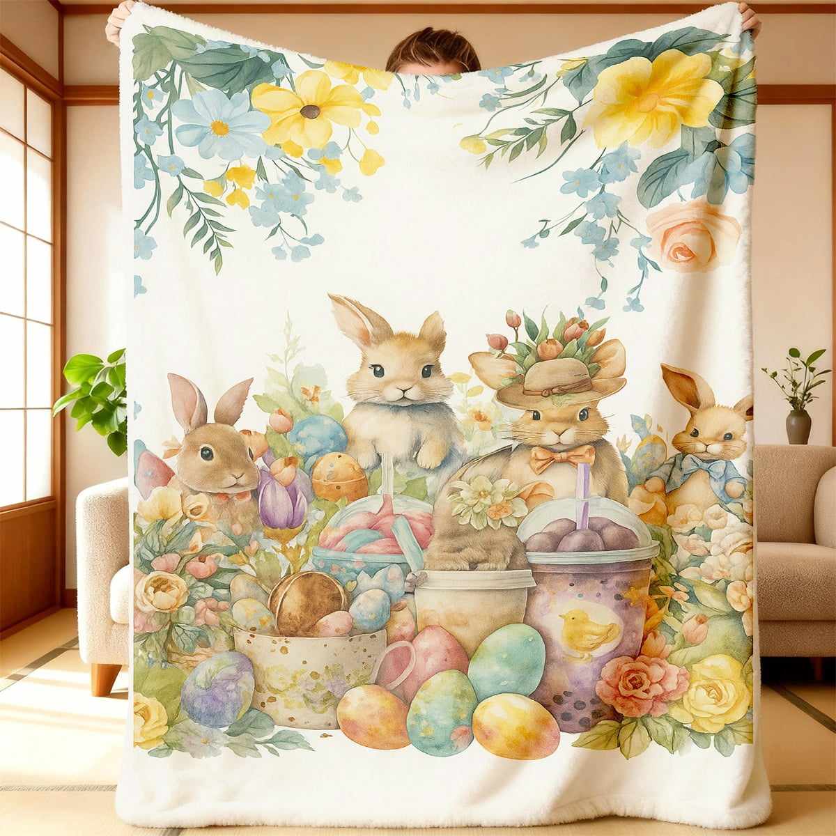 1pc Cozy Easter Cartoon Bunny Egg Theme Printed Flannel Blanket Soft ...