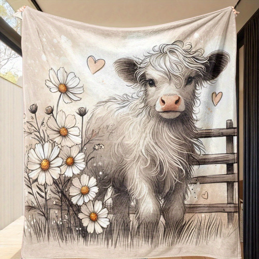 1pc Cozy Flannel Throw Blanket with Adorable Cow & Daisy Print - Soft ...