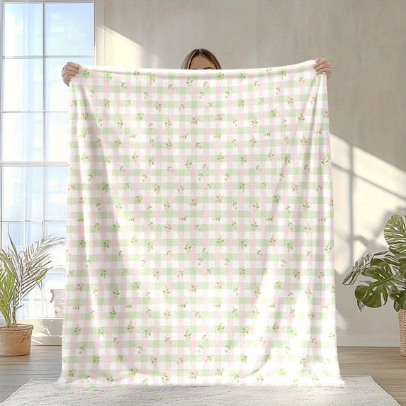 1pc Cozy Floral Plaid Blanket - Soft and Warm, Light Pink and Green ...