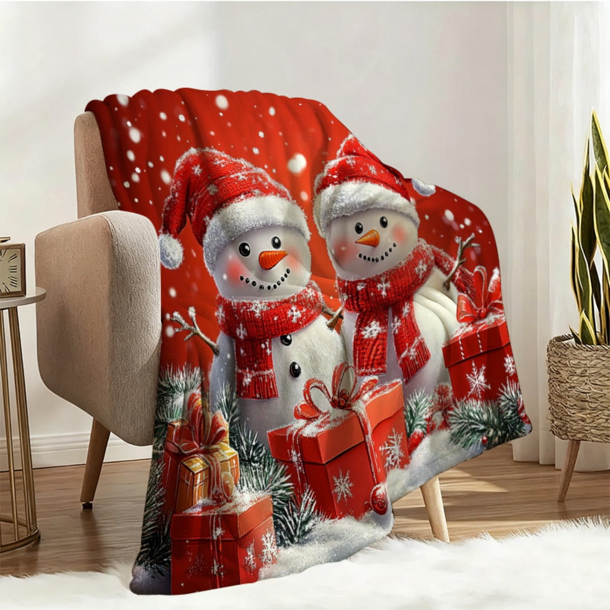 1pc Cozy Snowman Print Blanket - Red & White Holiday Design with Gift ...