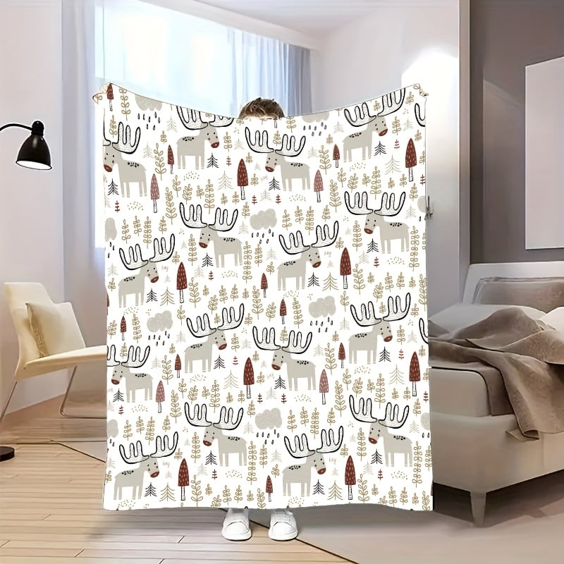 1pc Cozy Warm White Flannel Blanket with Modern Minimalist Moose ...