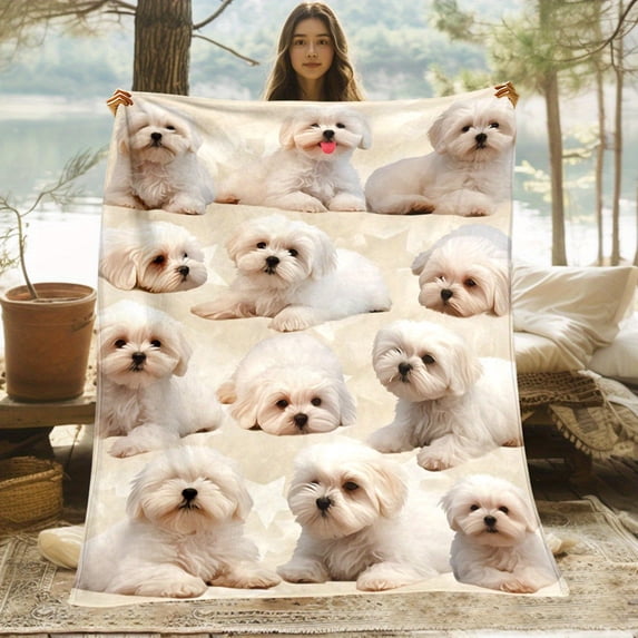 1pc Cozy White Fluffy Dog Print Flannel Blanket | Lightweight Plush ...