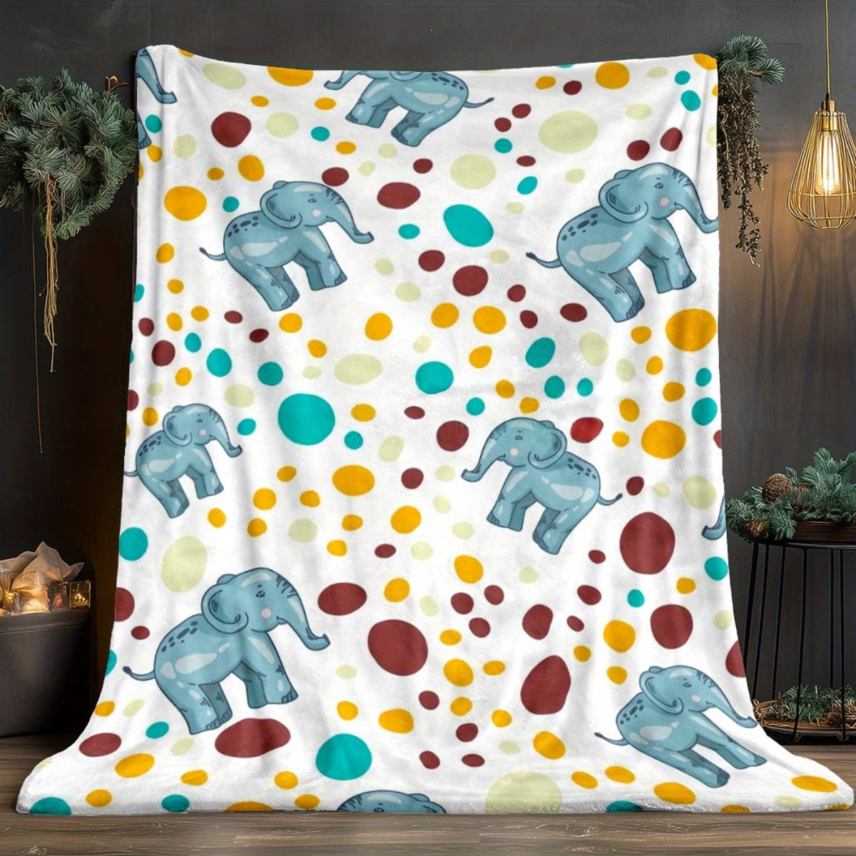 1pc Cuet Elephants Blanket - Soft Lightweight Flannel Throw with Teal ...