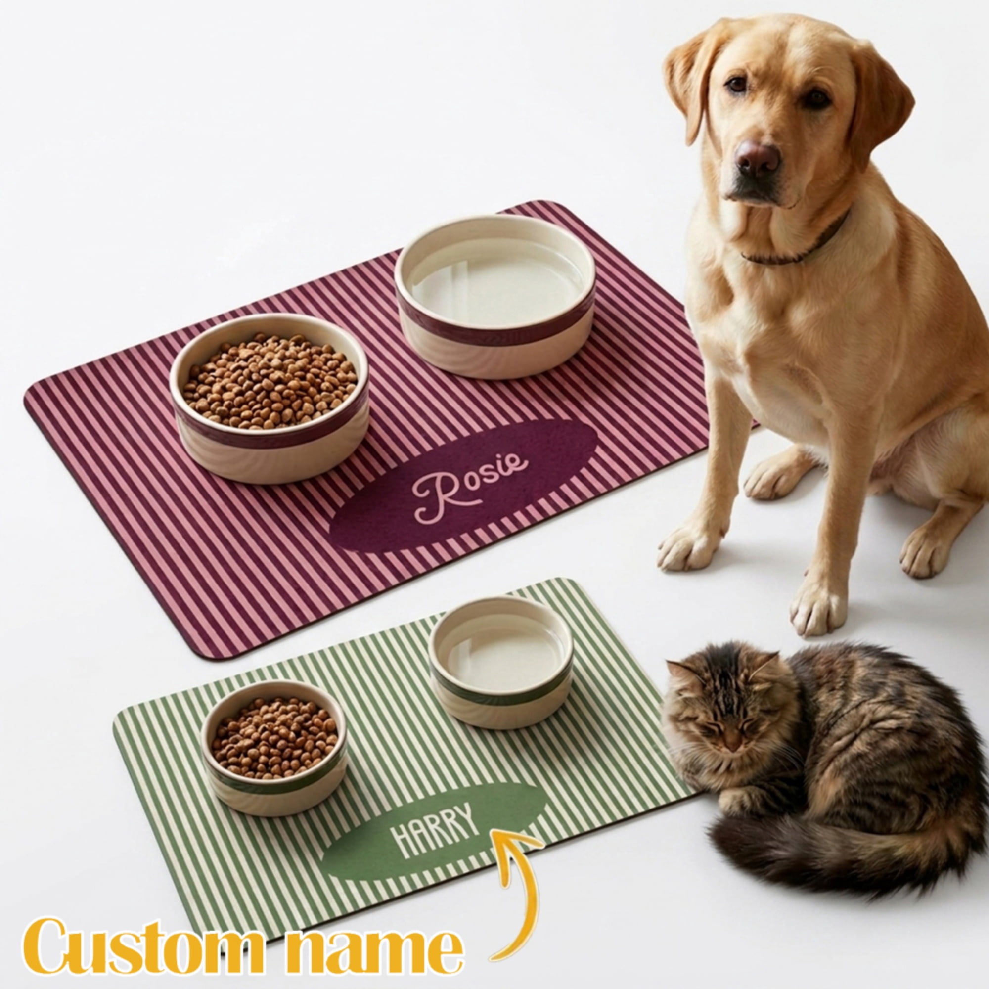 1pc Custom Name Striped Pet Feeding Mat - Absorbent Diatomaceous Earth ...