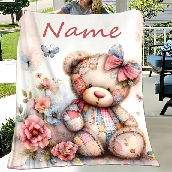 1pc Customizable Name, Cartoon Bear Pattern Flannel Blanket, Suitable ...