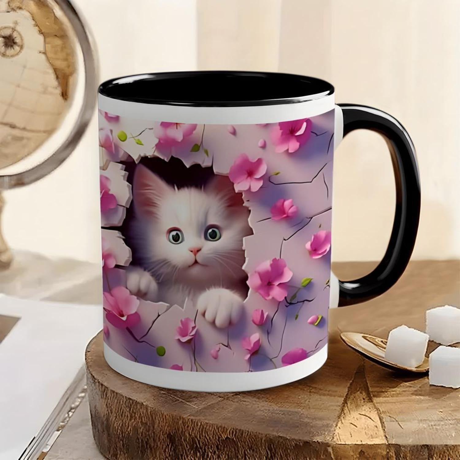 1pc Cute Coffee Mug with Kitten Pink Floral Design 11oz Reusable Cup ...