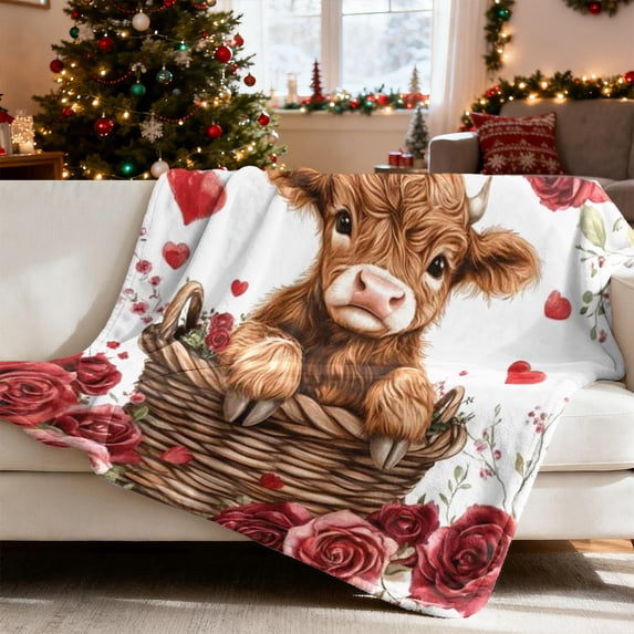 1pc Cute Cow and Red Rose Heart Pattern Blanket | Cozy Floral Animal ...