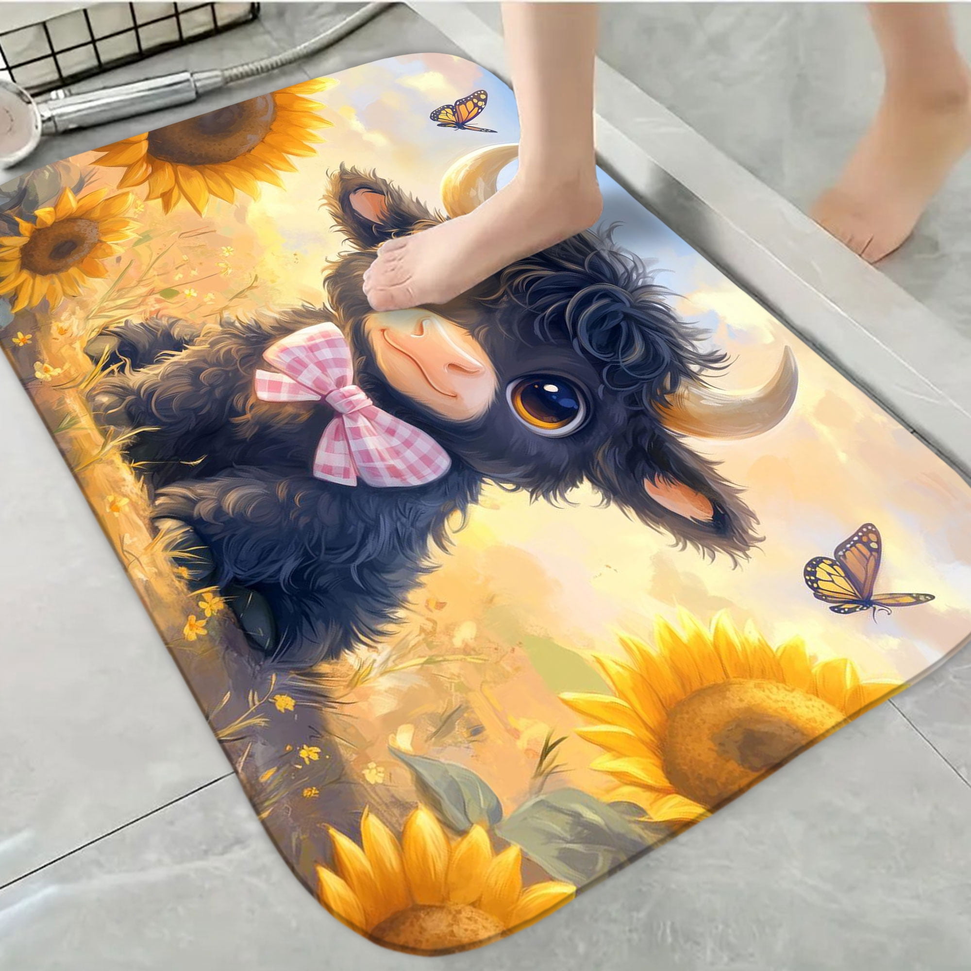 1pc Cute Highland Cow Absorbent Non-Slip Bathroom Thickened Flannel Rug ...