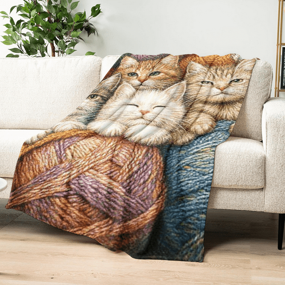 1pc Cute Kitten in a Ball of Yarn Pattern Blanket - Charming Style ...