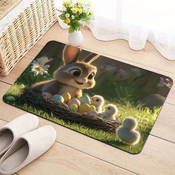 1pc Cute Rabbit and Chicks Easter Mat, 8mm Thick Polyester Non-Slip ...