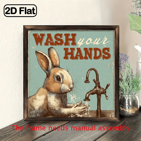 1pc Cute Rabbit Washing Paws at Sink Vintage Wood Framed Wall Sign ...