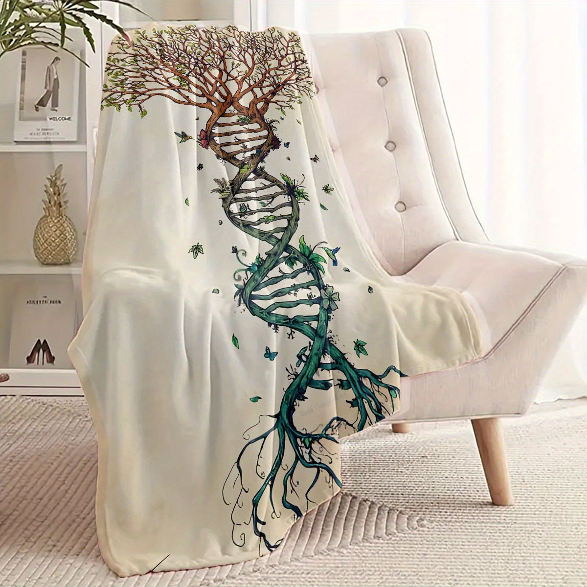1pc DNA Tree of Life Flannel Blanket - Beige & Teal Genetic Pattern ...