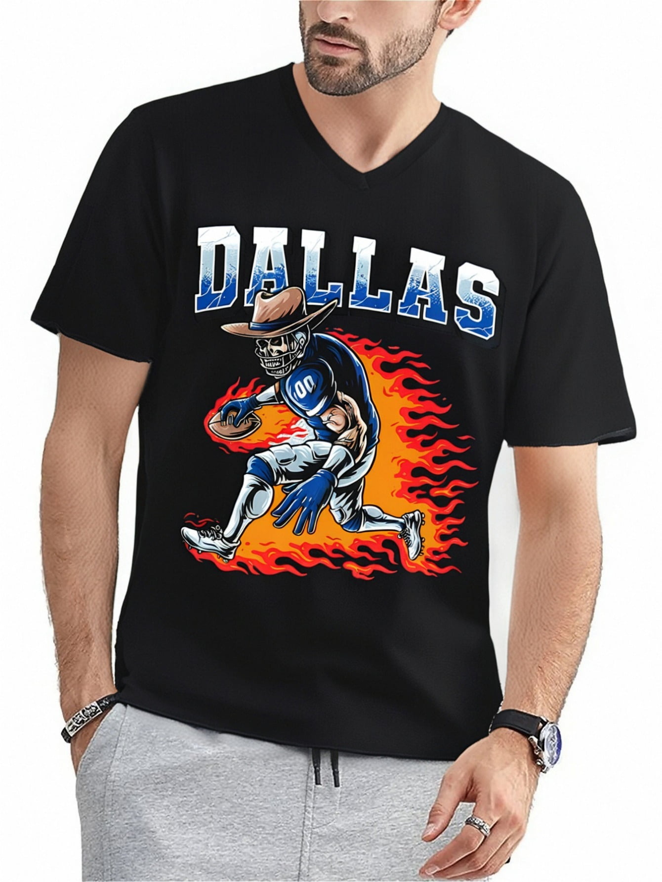 1pc Dallas Football Print T-Shirt, 100% Cotton, Men'S Short Sleeve Crew ...