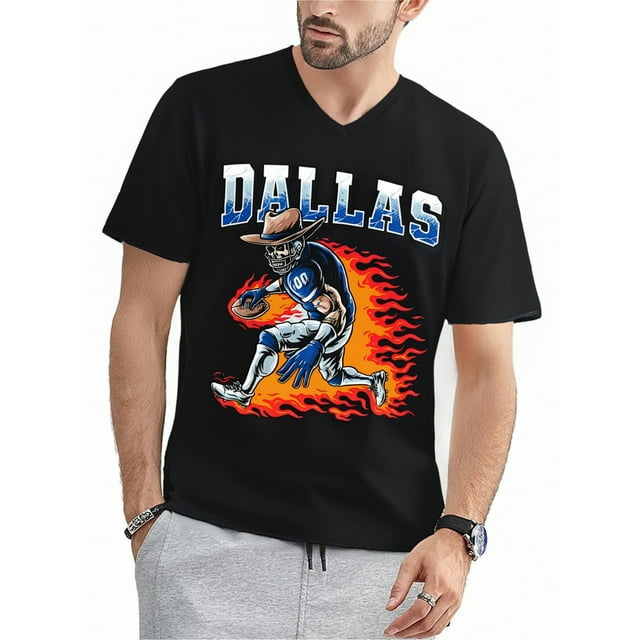 1pc Dallas Football Print T-Shirt, 100% Cotton, Men'S Short Sleeve Crew ...