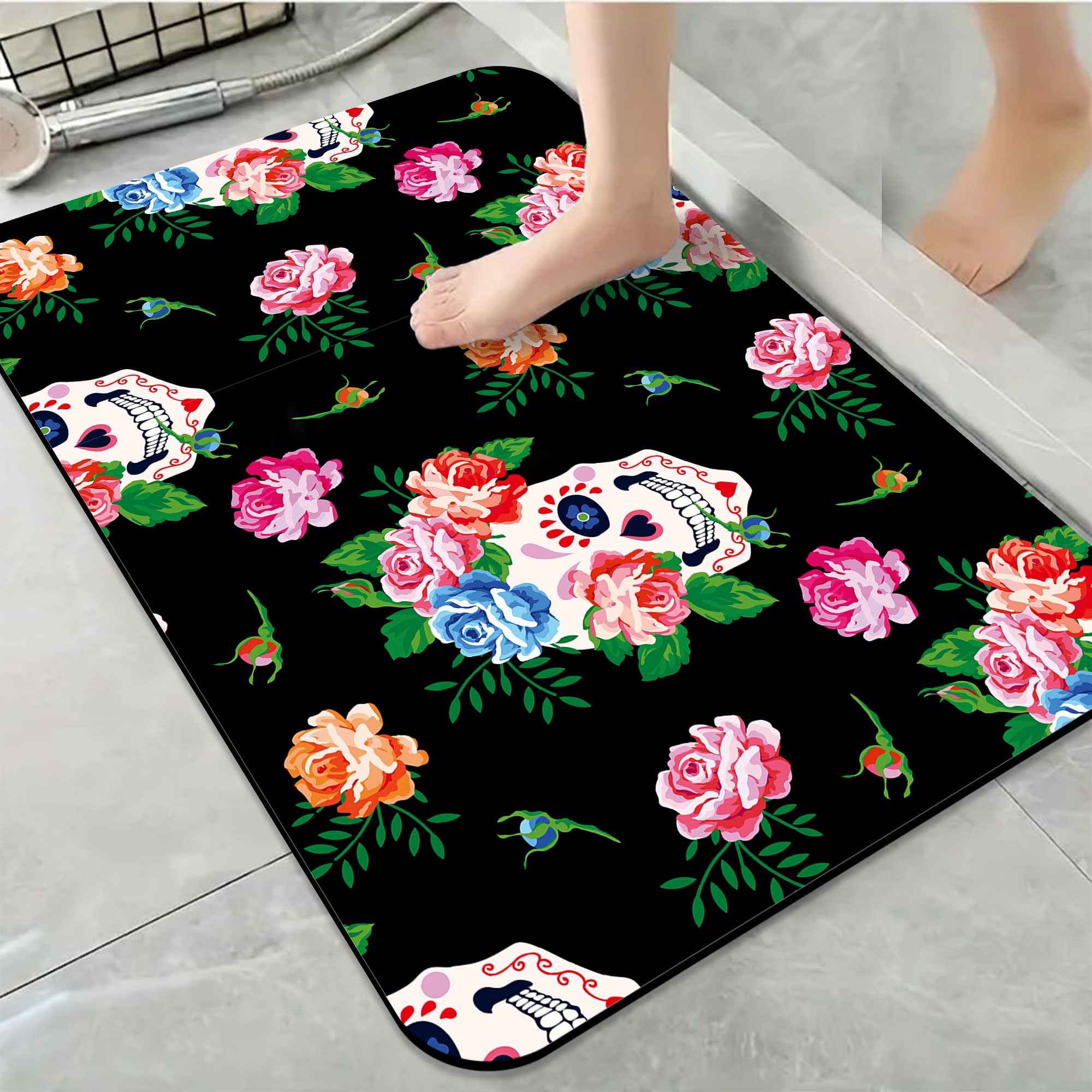 1pc Day of the Dead inspired Skull and Roses Bathroom Rug Bathroom ...