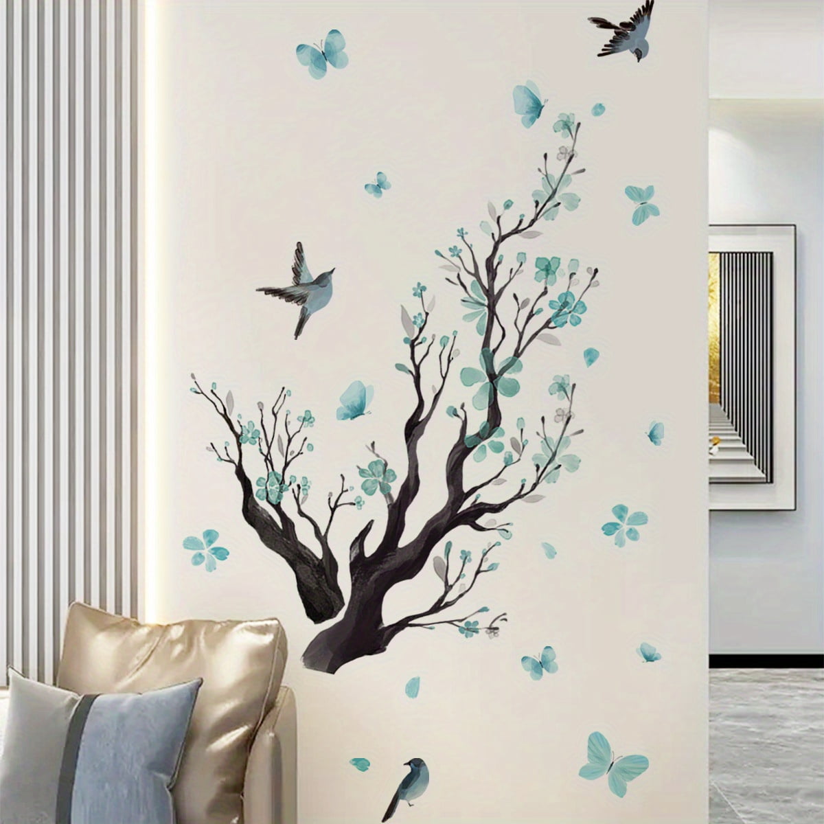 1pc Decalmile Watercolor Blue Flower Wall Decal, Blossom, Bird, Tree ... 1pc Decalmile Watercolor Blue Flower Wall Decal, Blossom, Bird, Tree ...