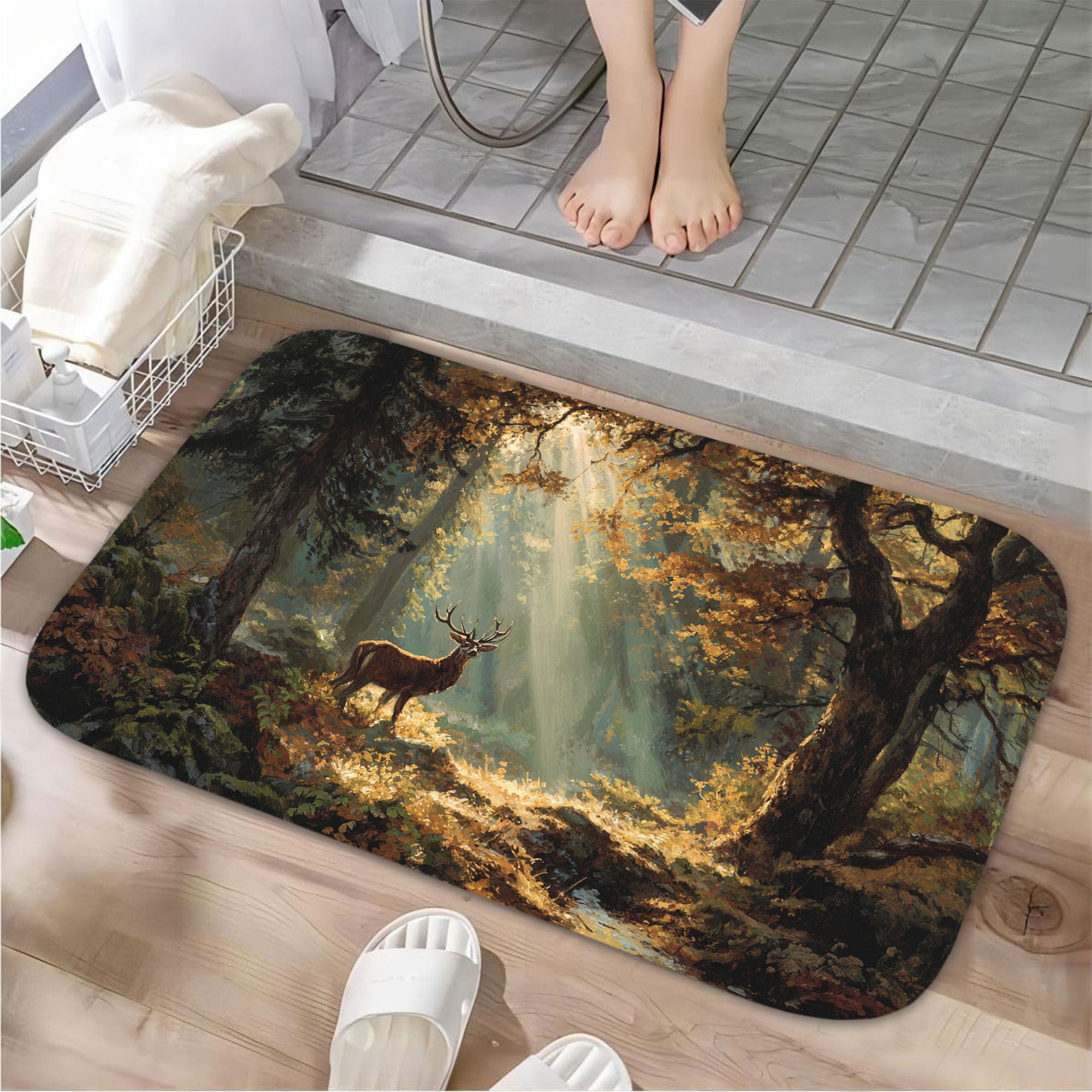 1pc Deer in Autumn Forest Absorbent Non-Slip Bathroom Thickened Flannel ...