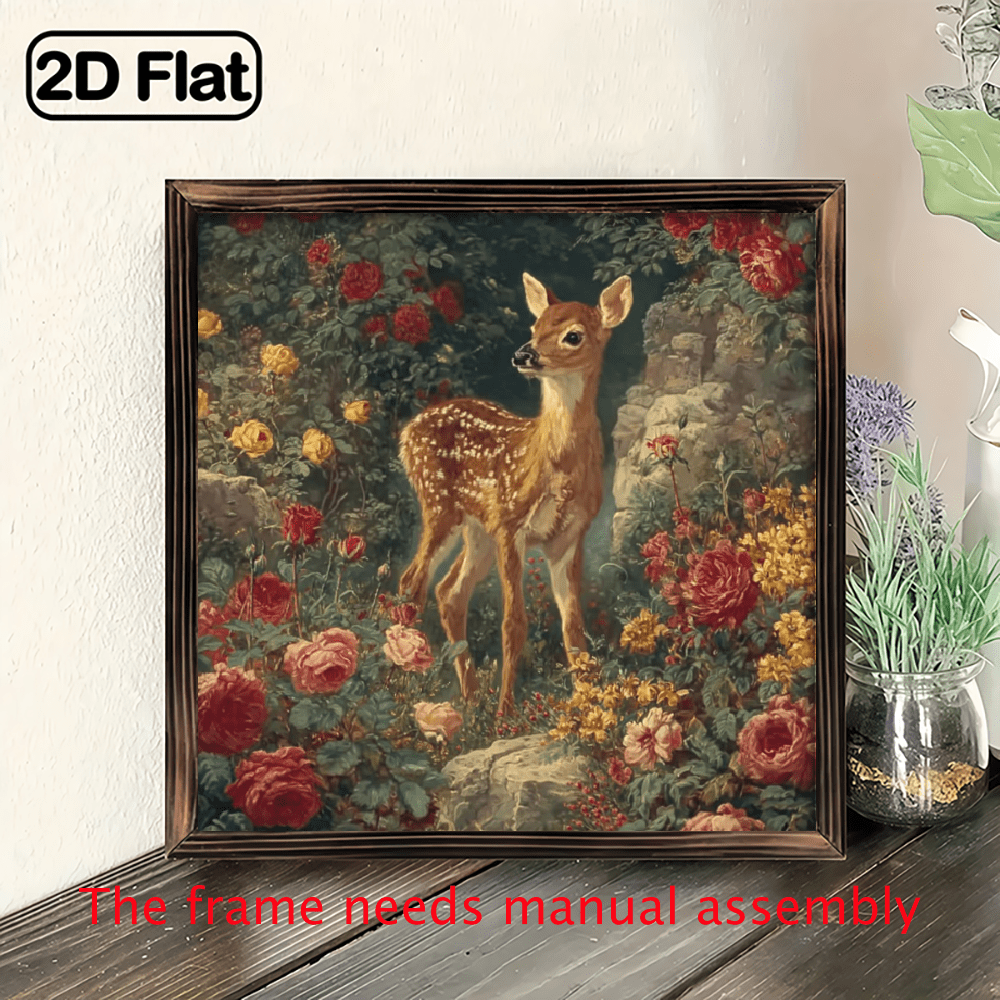 1pc Deer Fawn Forest Framed Wall Art Plaque - 2D Flat Panel with Golden ...