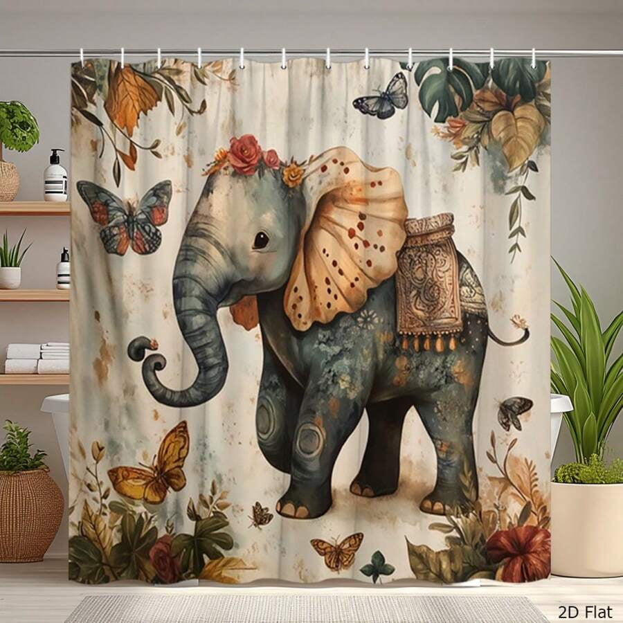 1pc Default Color 2D Flat Elephant Shower Curtain With Floral ...