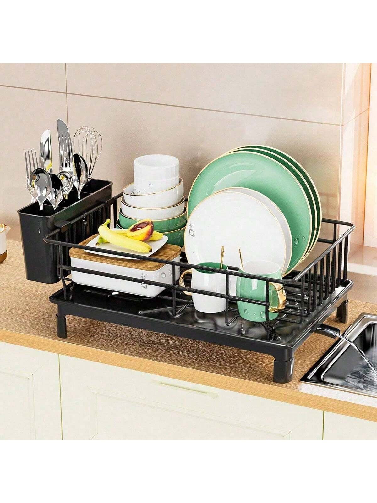 1pc Dish Drying Rack With Utensil Holder And Drainboard , Space Saving ...