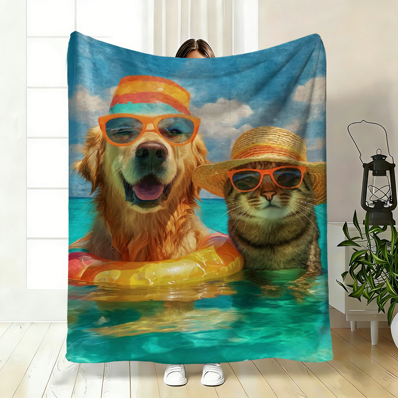 1pc Dog And Cat In Water HD Printed Blanket. Soft and Warm Flannel ...