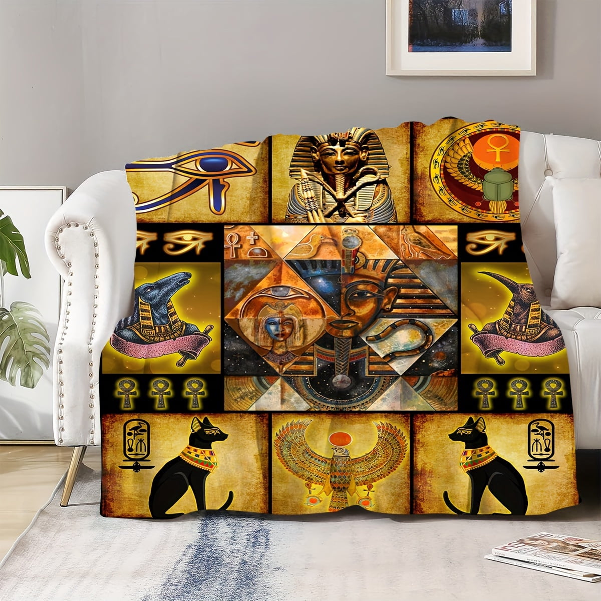 1pc Egyptian Pharaoh Creative Stitching Pattern Blanket Gift For ...