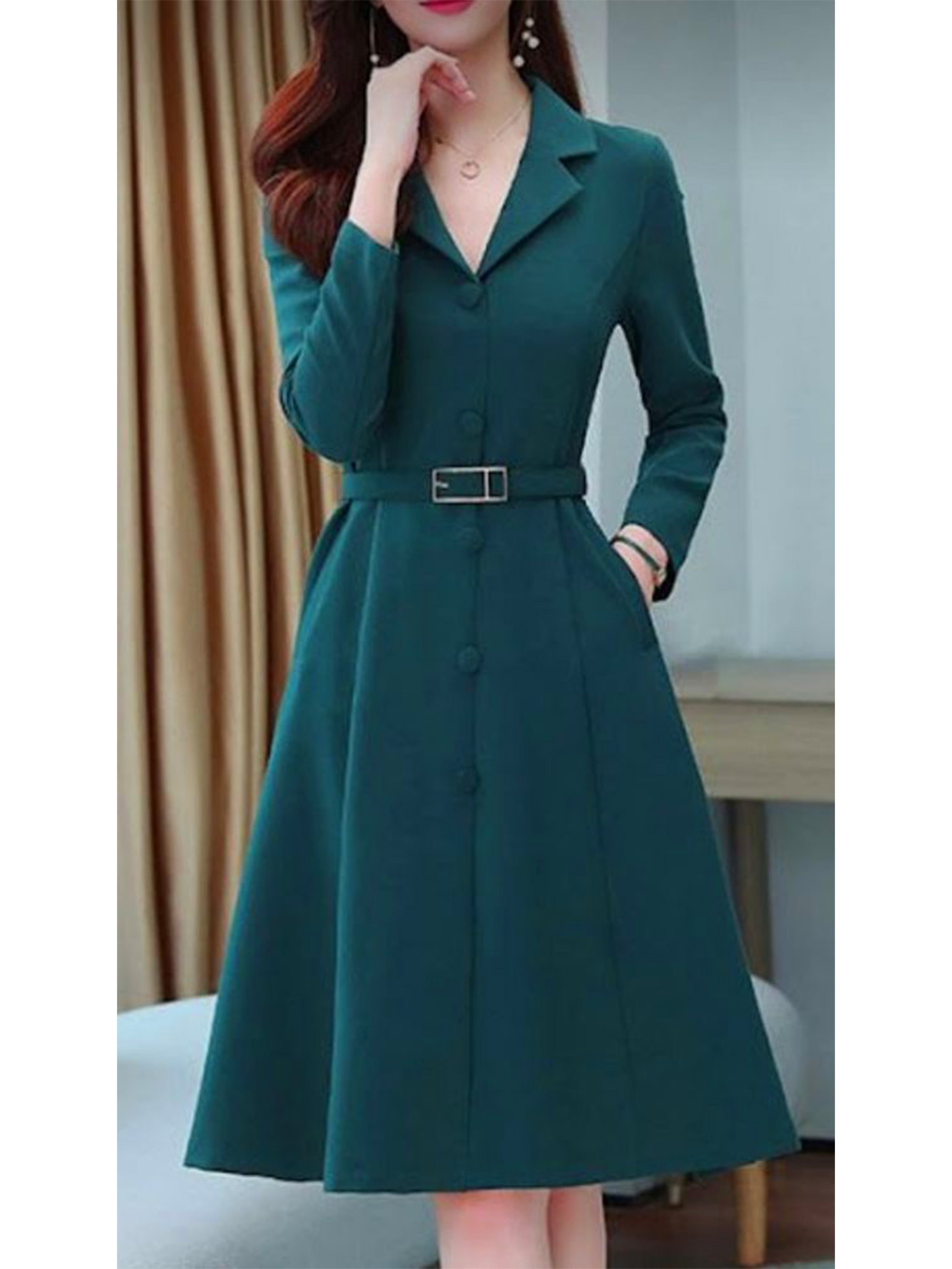 1pc Elegant Polyester A-Line Dress for Women with Belt, Solid Color ...