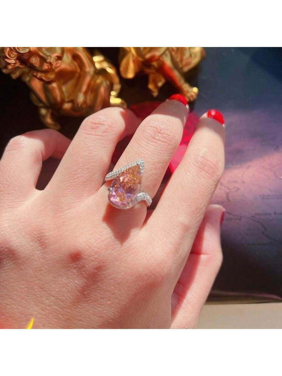 1pc Elegant Teardrop Cubic Zirconia Ring With Pink-Orange Fire Effect ...