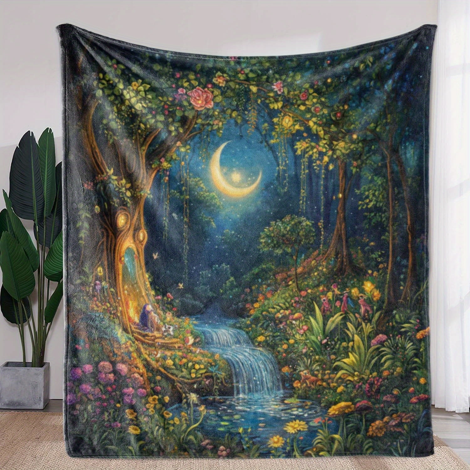 1pc Enchanted Forest Flannel Blanket – Vibrant Moonlit Stream & Flowery ...