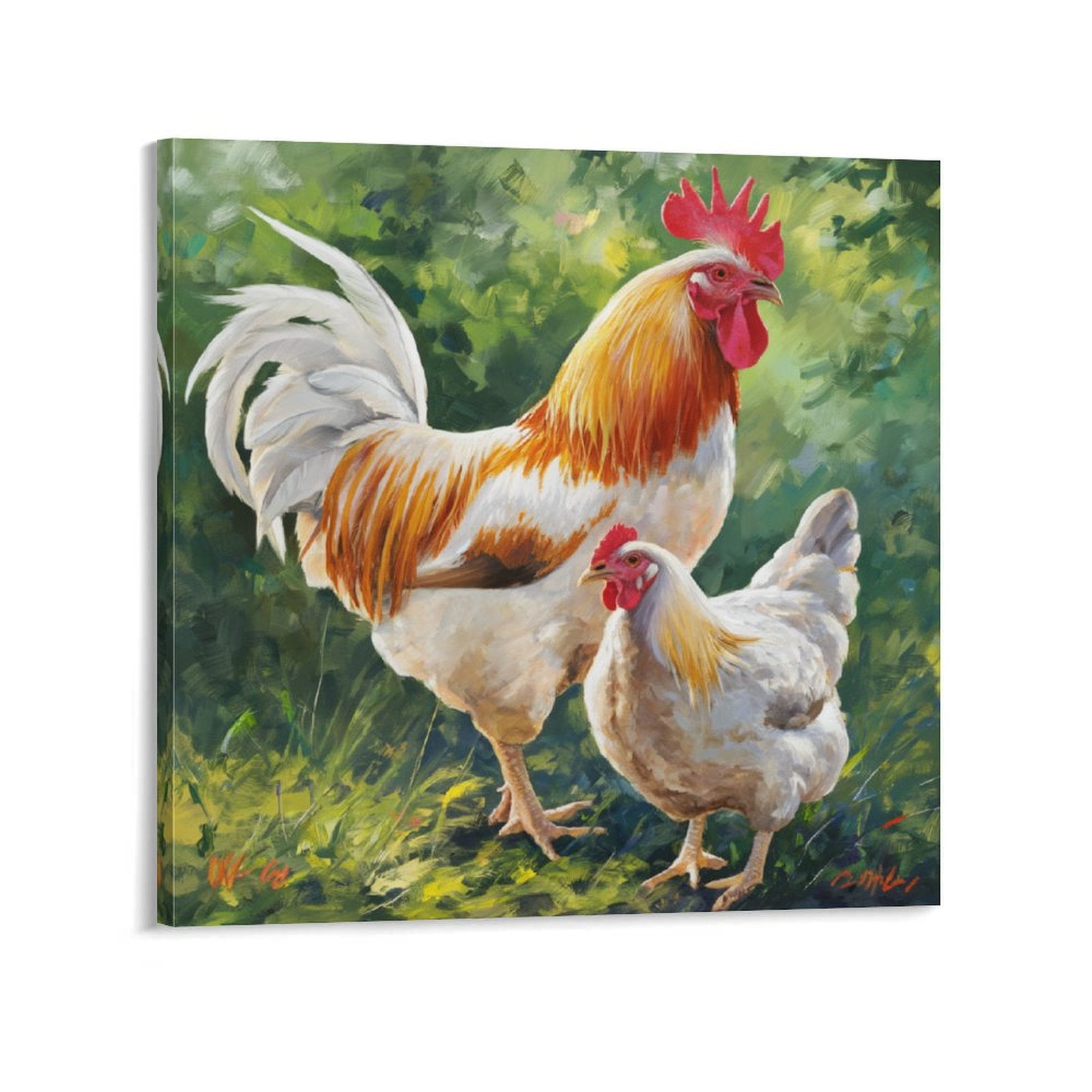 1pc Exquisite Wooden Framed Canvas Painting ,Chicken And Rooster Sketch ...