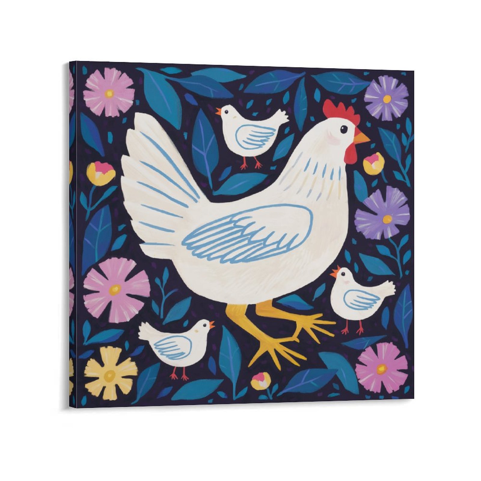 1pc Exquisite Wooden Framed Canvas Painting ,White Hen And Chicks 2 ...