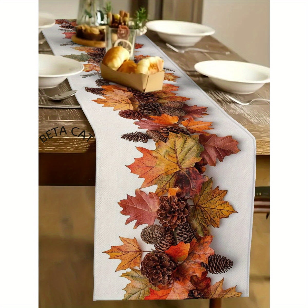 1pc Fall Table Runner - Reddish Brown Maple Leaves & Pine Cone Print ...
