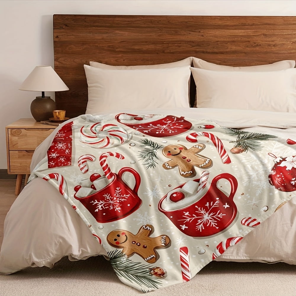 1pc Festive Christmas Cocoa & Gingerbread Flannel Blanket Cozy Red ...