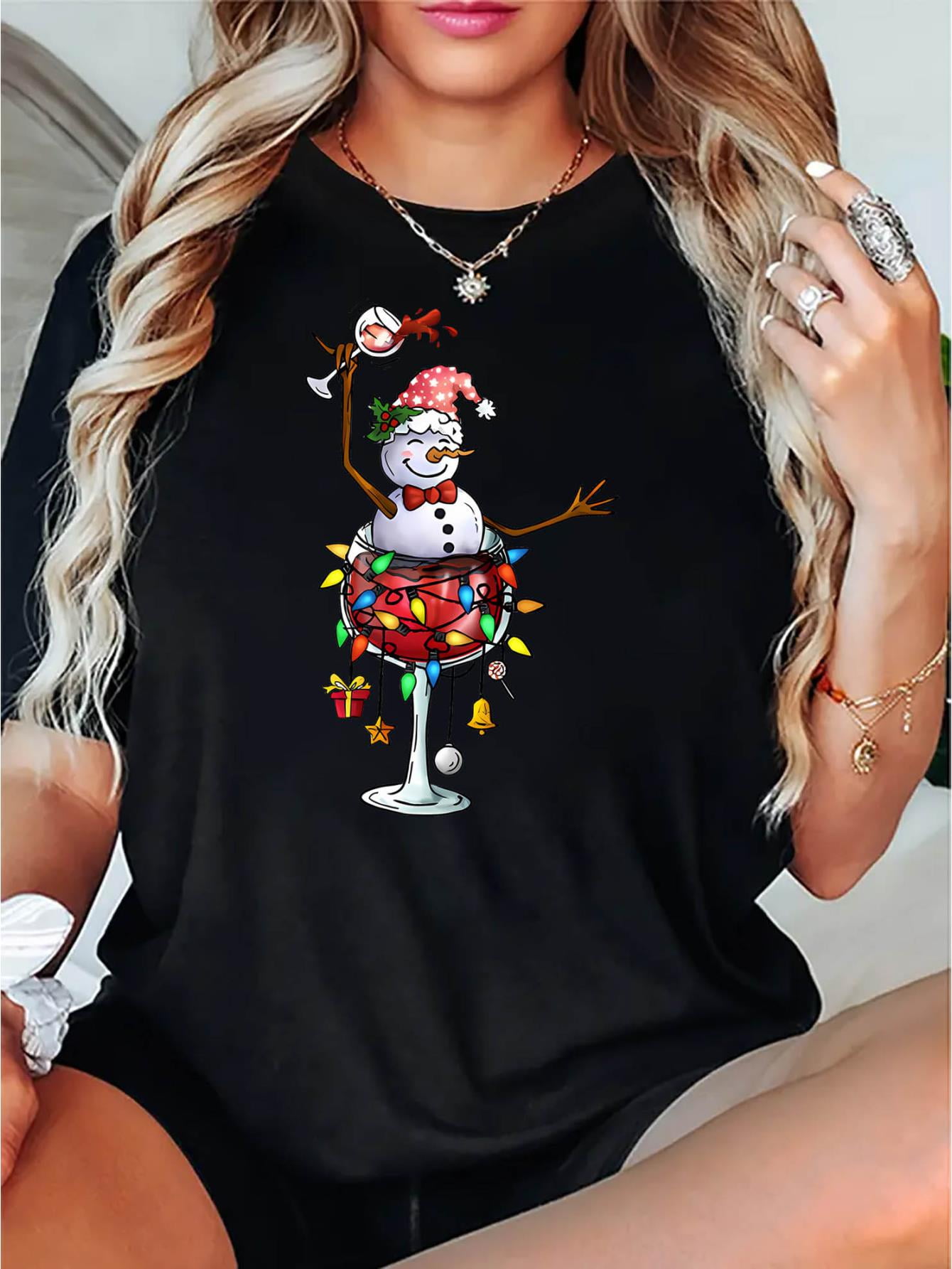 1pc Festive Christmas Snowman with Wine Glass Print, Women'S Casual ...