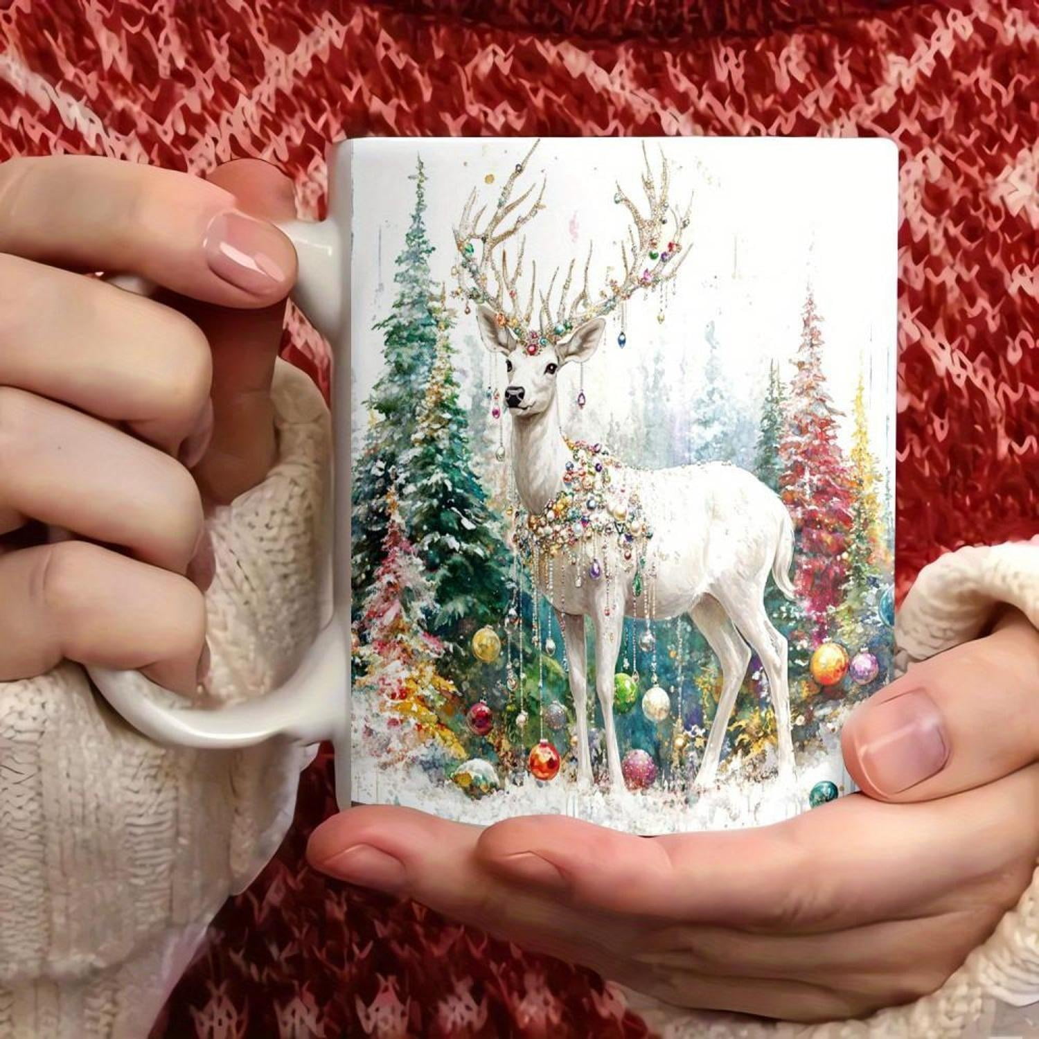 1pc Festive Reindeer 11oz Porcelain Mug Double Sided Print with Snowy ...
