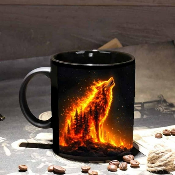 1pc Fiery Red Wolf Howling at Moon Ceramic Mug Vibrant Orange Black ...